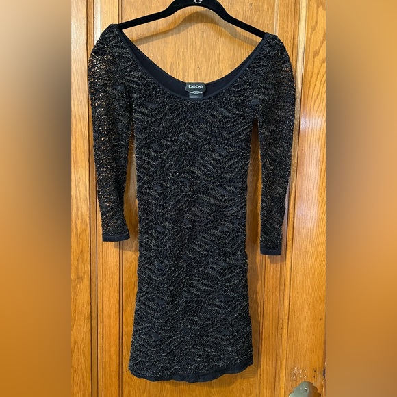 bebe | Dresses | Bebe Bodycon Long Sleeve Black And Gold Metallic Fully ...